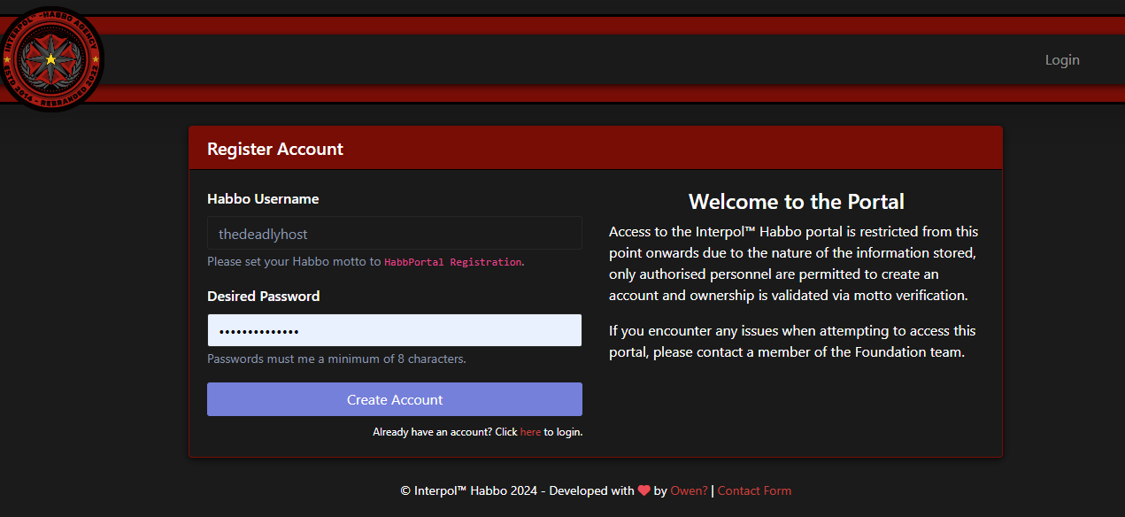 Registering for Portal - Interpol Habbo